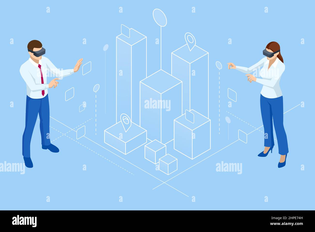 Isometric metaverse concept. Network of 3D virtual worlds focused on ...