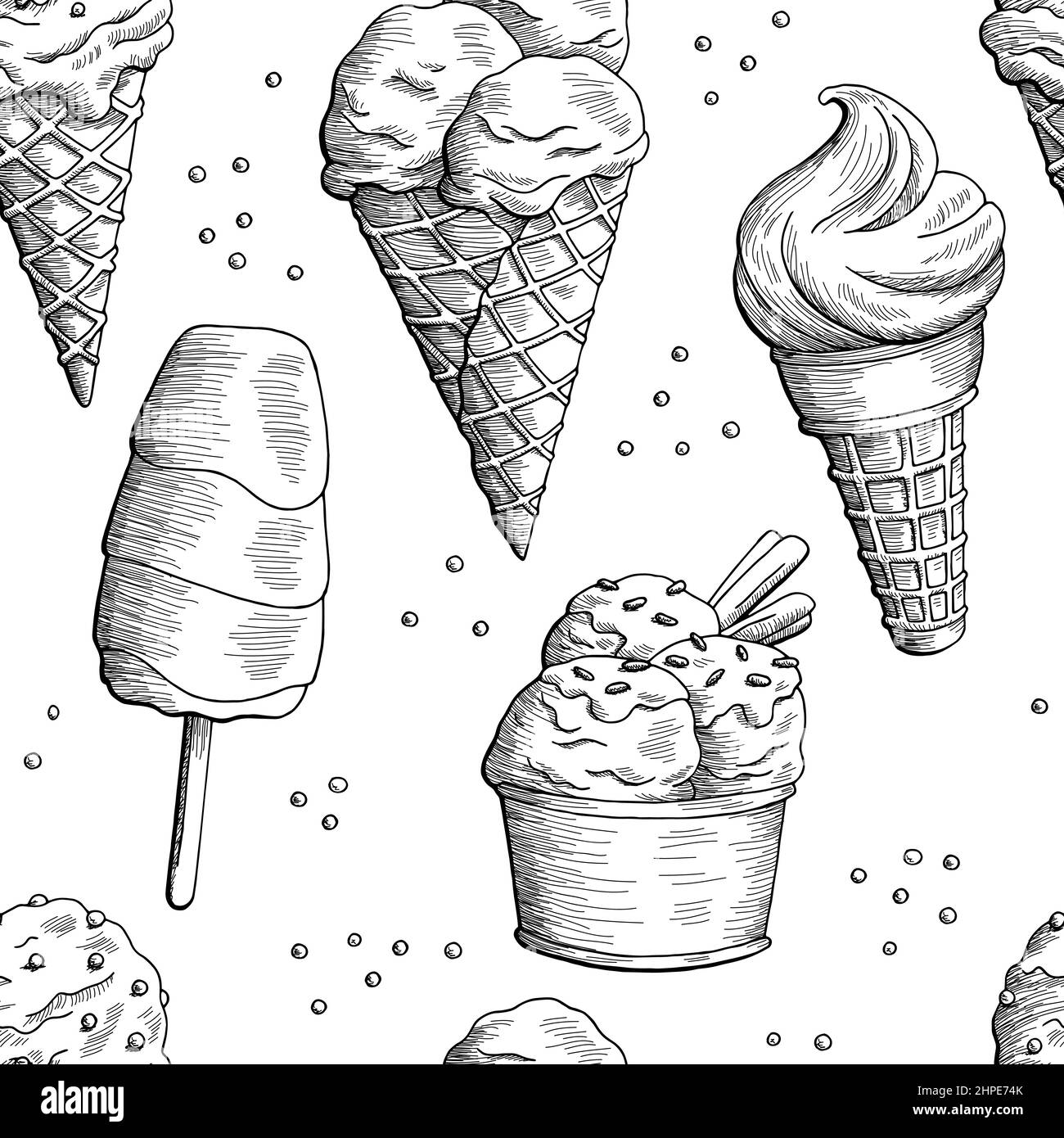Ice cream graphic black white sweet food seamless pattern background ...