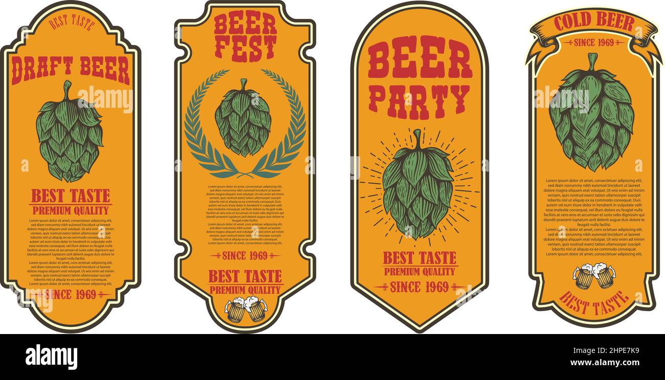 Set of beer labels with illustrations of beer hop. Vector illustration ...