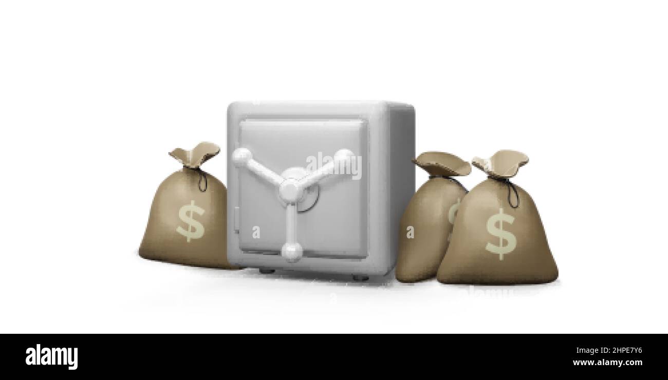 Realistic 3d illustration of big safe and money bags. Safety and ...