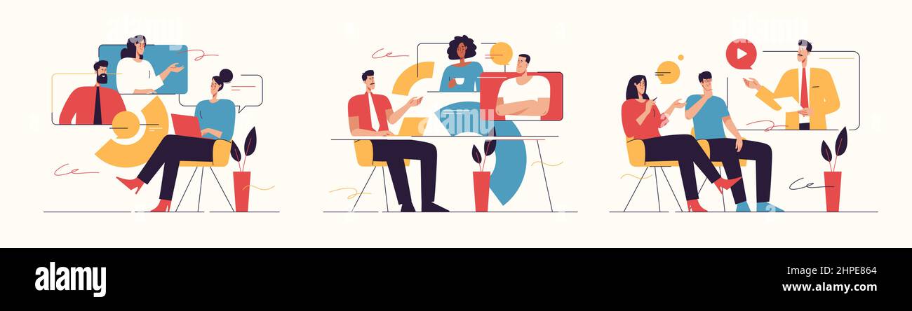 Vector illustrations on the subject of video conference, online meeting ...
