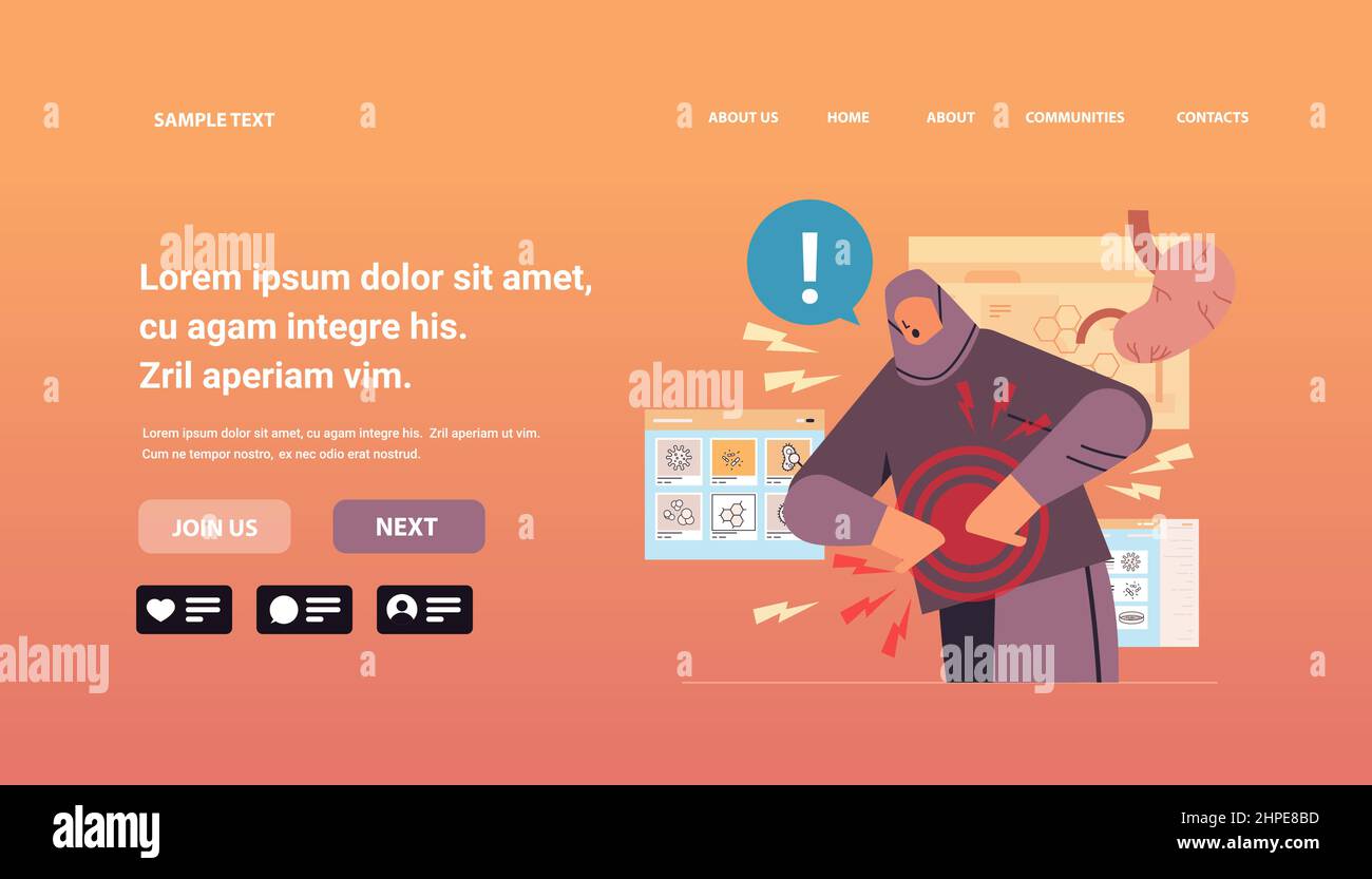 arab woman suffering from abdominal pain injury on belly painful area ...