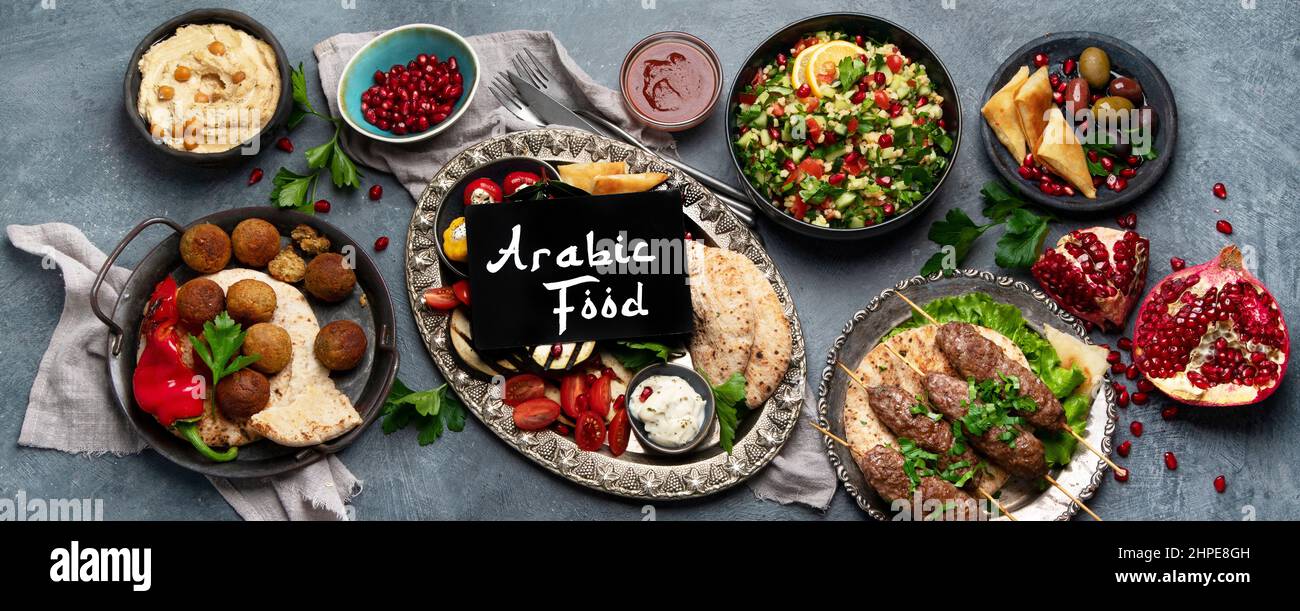 Arabic food assortment on dark background. Traditional food concept ...