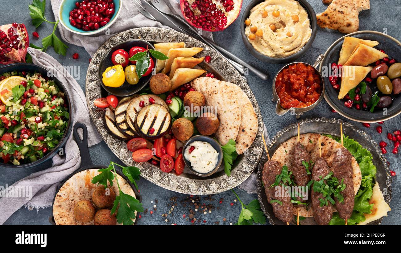 Arabic food assortment on dark background. Traditional food concept ...