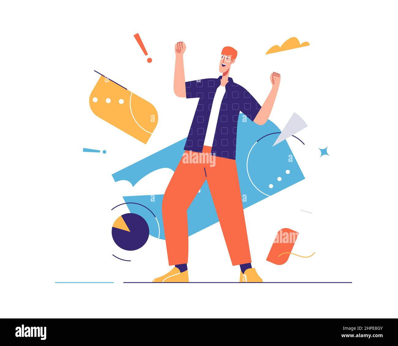 Vector illustration of happy young man expresses emotions. Editable ...
