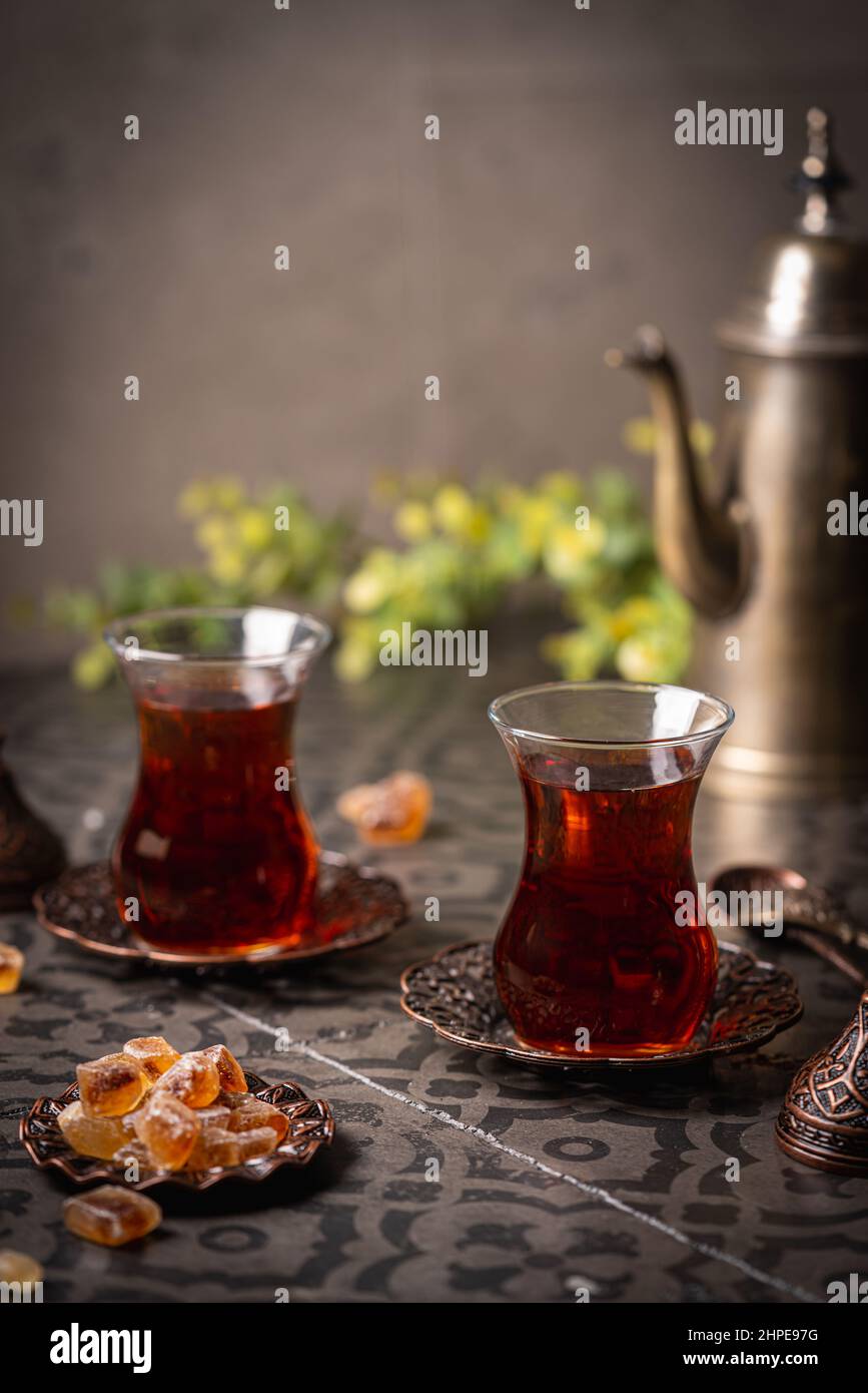Turkish tea in traditional glass closeup on tile background Stock Photo ...