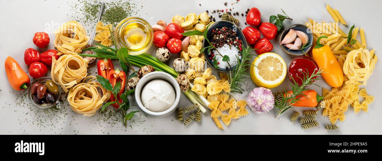 Italian food assortment on light background. Traditional food concept ...