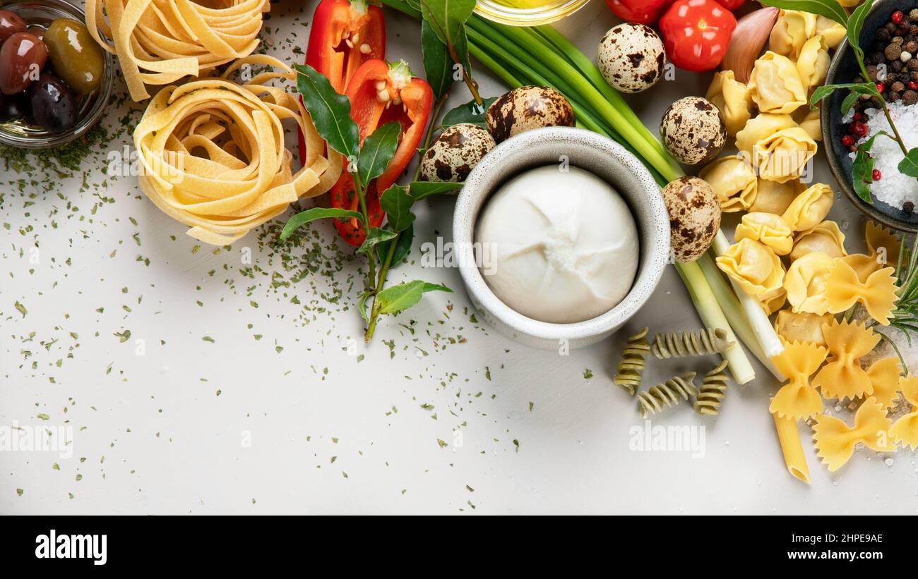 Italian food assortment on light background. Traditional food concept ...