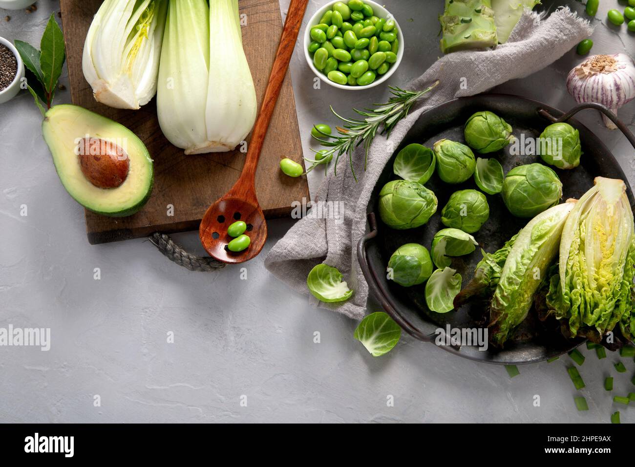 Vegetable assortment on light background. Vegan food cocnept. Top view ...
