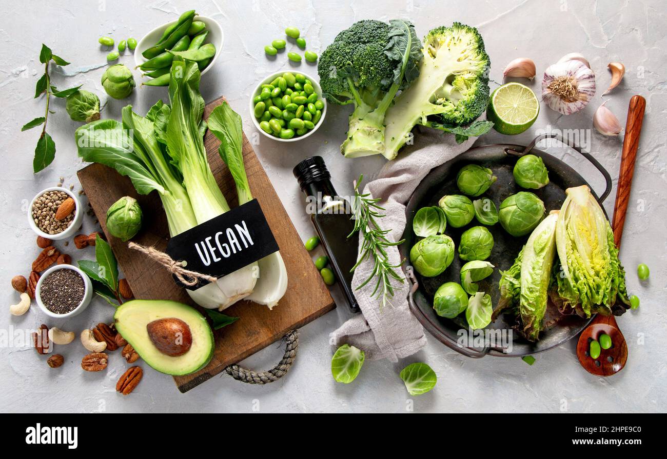 Vegetable assortment on light background. Vegan food cocnept. Top view ...