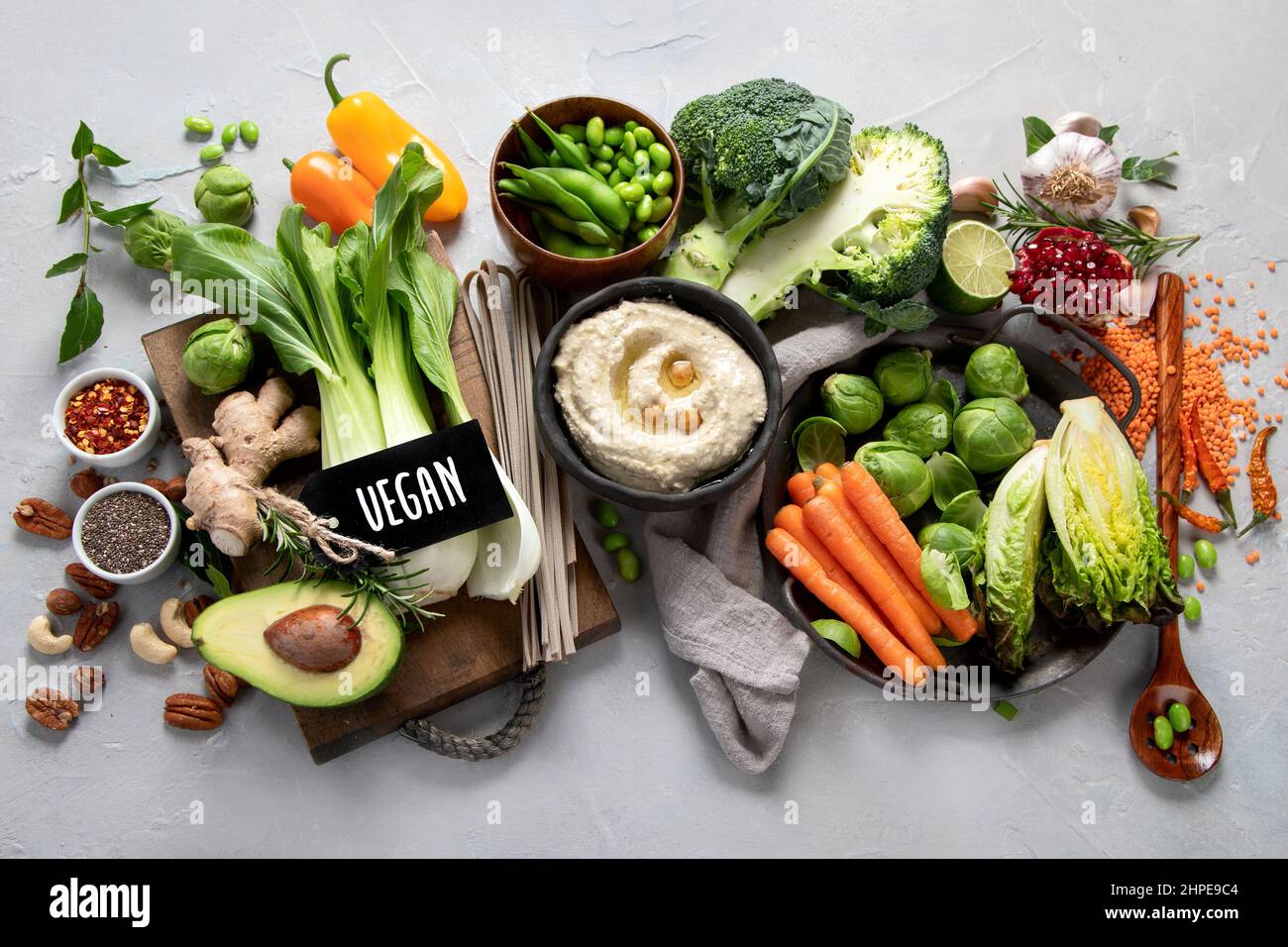Vegetable assortment on light background. Vegan food cocnept. Top view ...