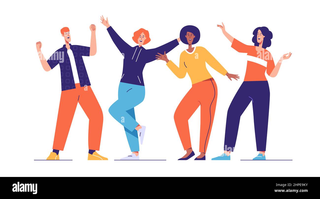 Vector illustration of a group of laughing joyful people. Editable ...