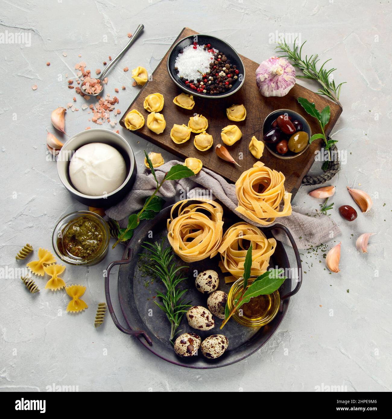 Italian pasta assortment on light background. Traditional food concept ...
