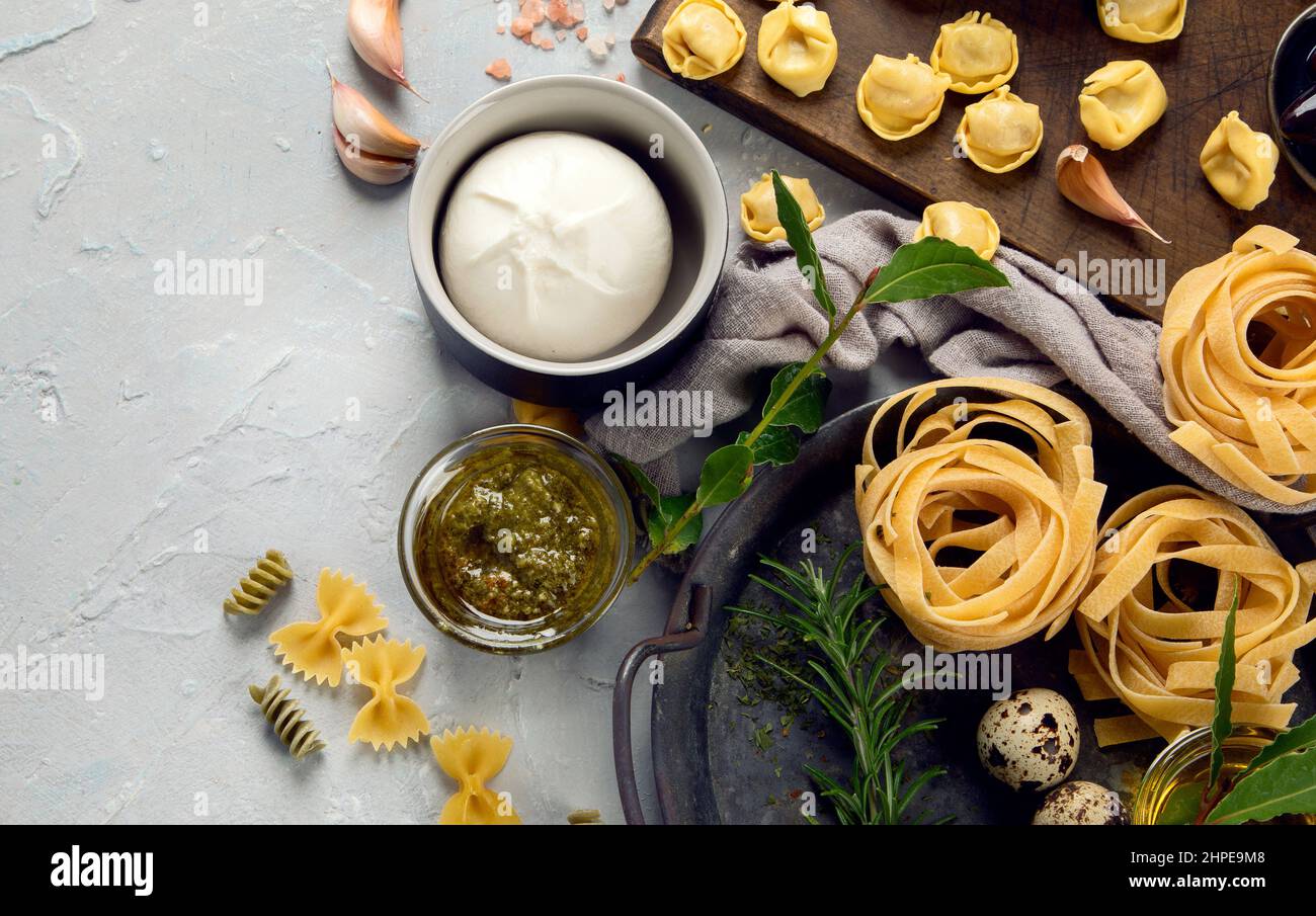 Italian pasta assortment on light background. Traditional food concept ...