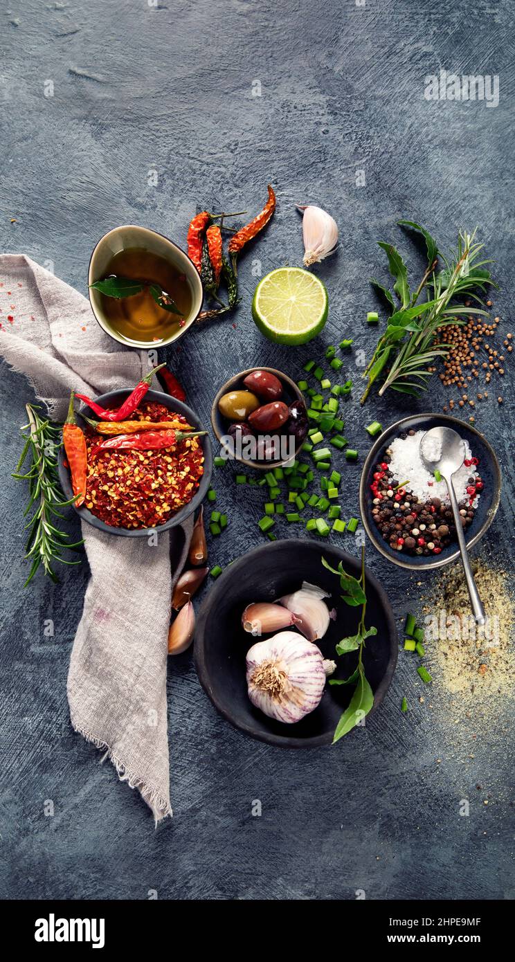 Food on dark background. Cooking concept. Flat lay, top view, copy ...