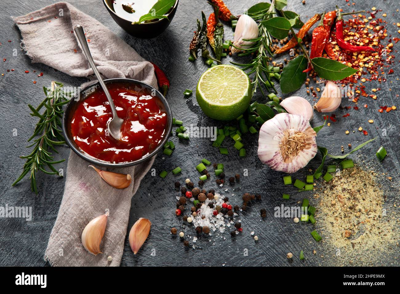 Food on dark background. Cooking concept Stock Photo - Alamy