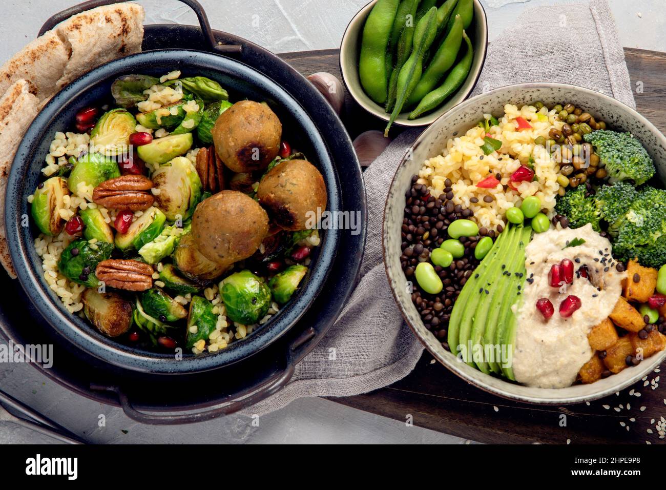 Vegan dishes assortment on light background. Mediterranean diet concept ...
