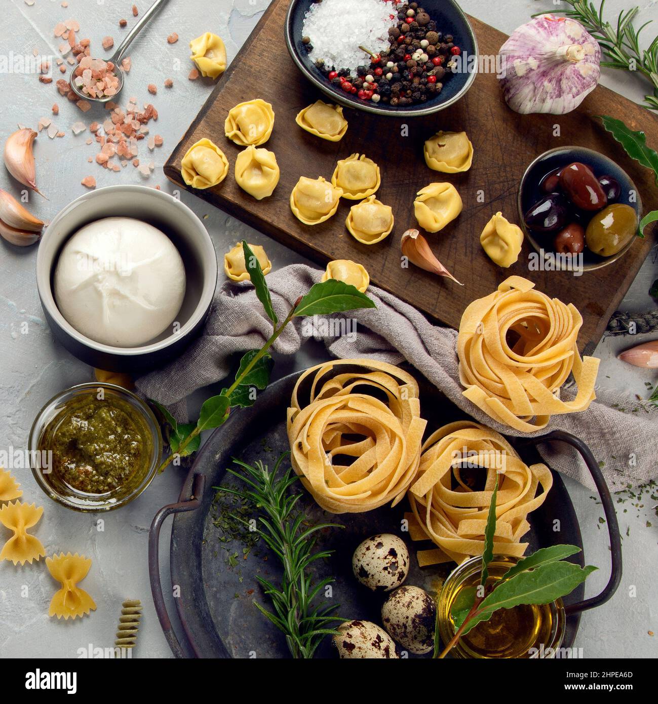 Italian pasta assortment on light background. Traditional food concept ...