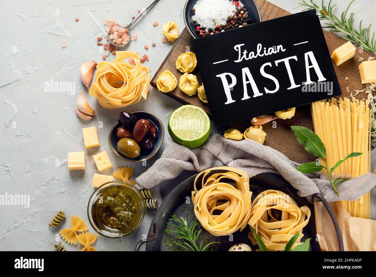 Italian pasta assortment on light background. Traditional food concept ...