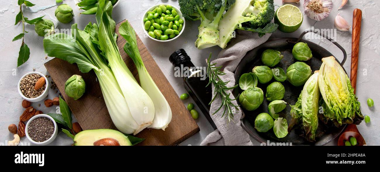 Vegetable assortment on light background. Vegan food cocnept. Top view ...