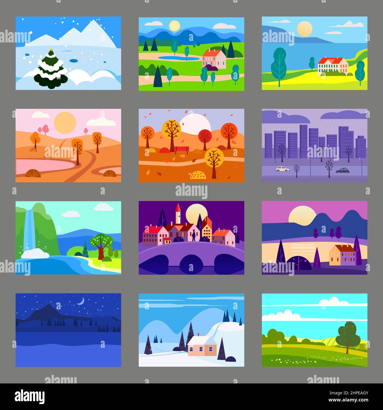 Collection of seasons landscapes winter, spring, summer, autumn. Rural ...