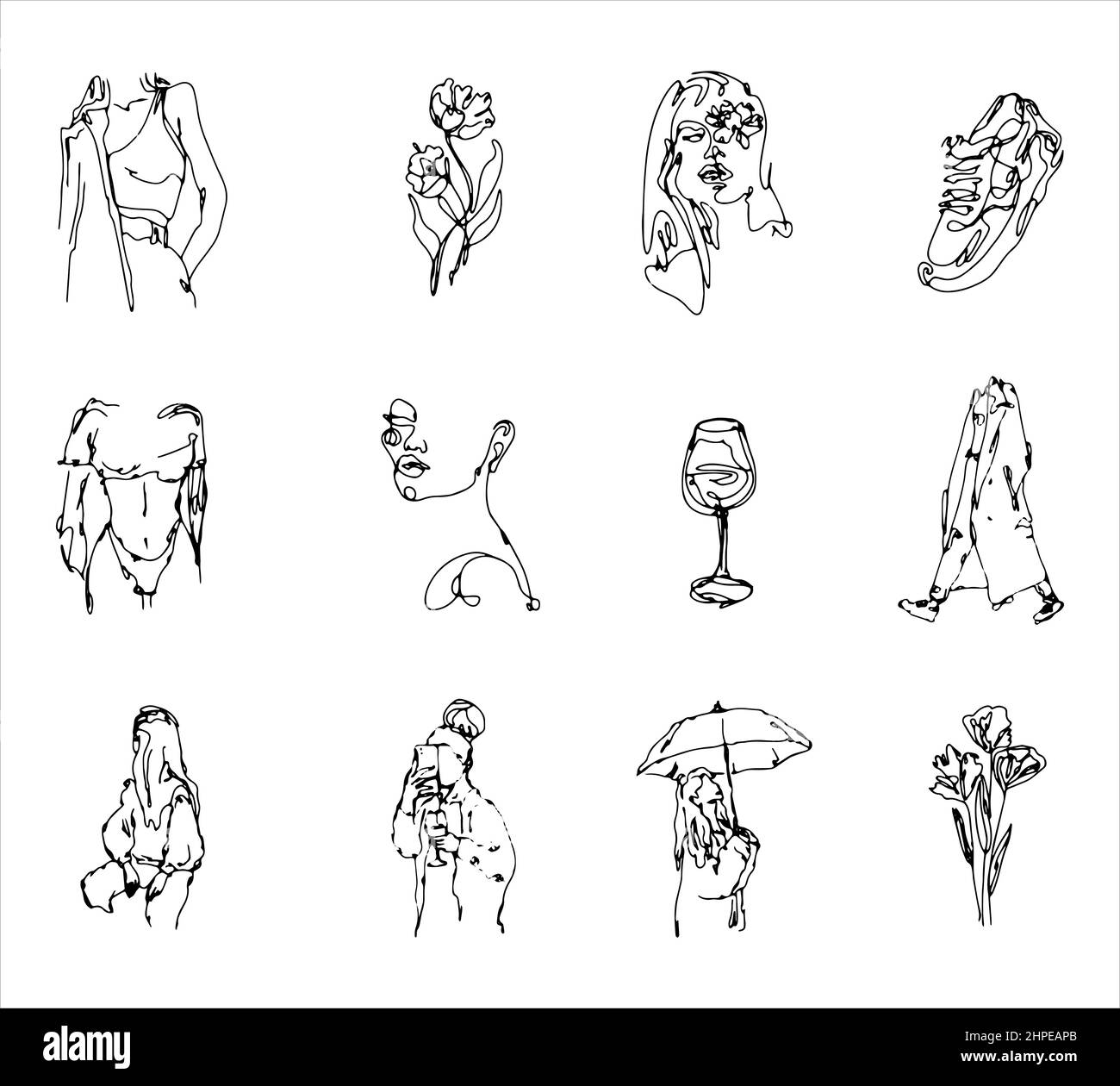 Surreal Faces Continuous line drawing. Set of faces and looks, fashion ...