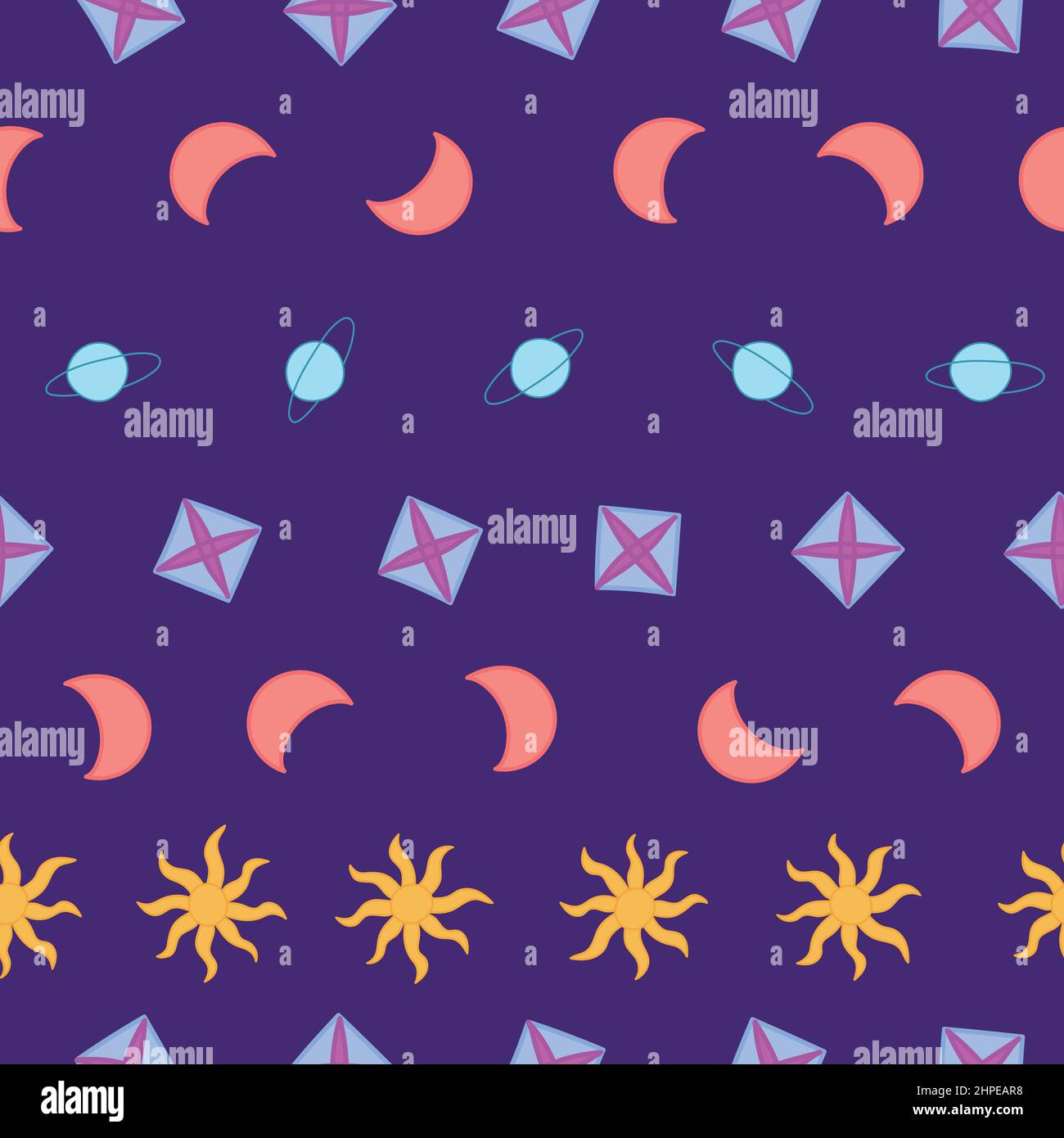 Celestial bodies striped seamless pattern. Hand drawn sun, moon, stars in a row on purple ...