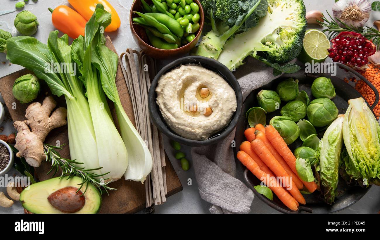 Vegetable assortment on light background. Vegan food cocnept. Top view ...
