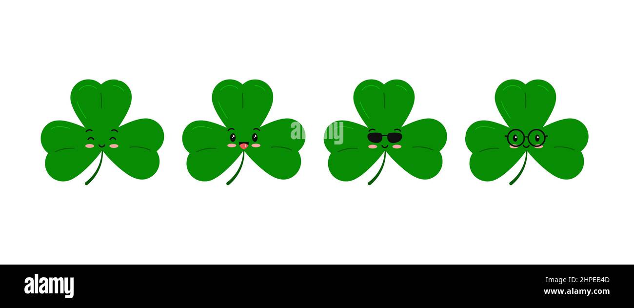 Cute clover tree leaf kids character set isolated on white background ...