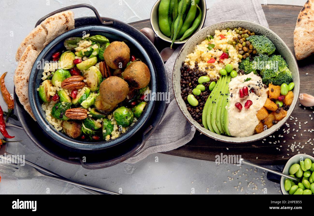 Vegan dishes assortment on light background. Mediterranean diet concept ...