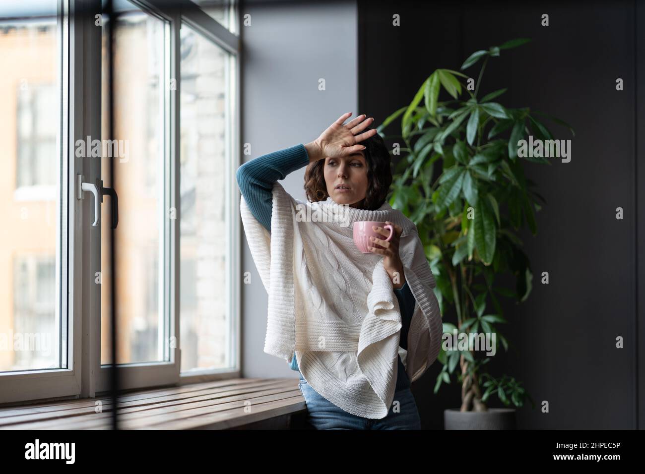 Unhealthy woman touching hot forehead suffer from fever from covid-19 ...