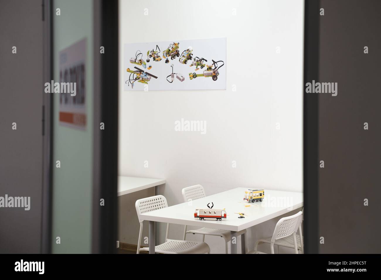 Empty class in school after science lessons. Tables in the room with ...