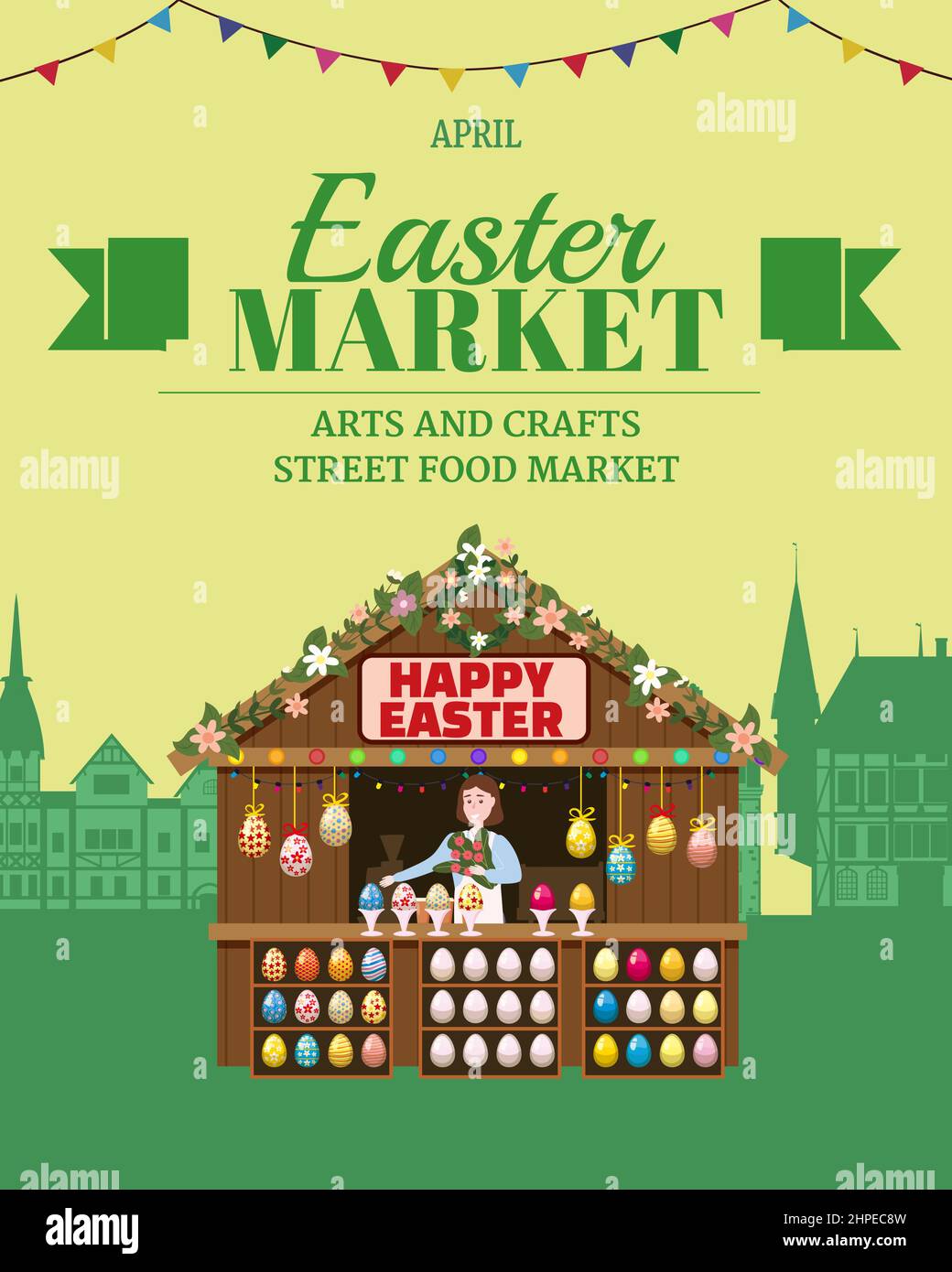 Easter Market poster, wooden stall decorated flowers, colored Easter ...