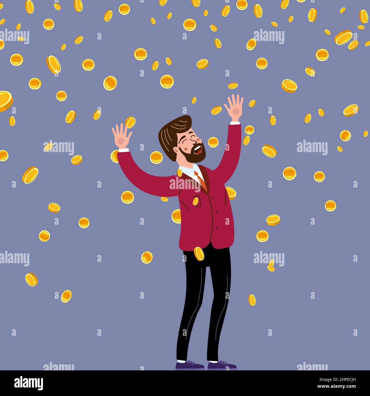 Happy man falling money coins rain. Success finance business, falling ...