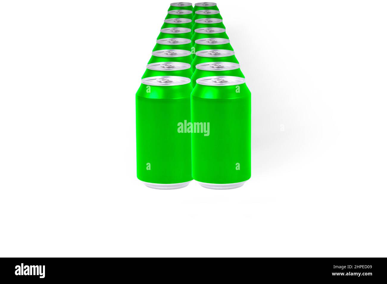 Group of beer or soft drink cans in green on a white background. Depth ...