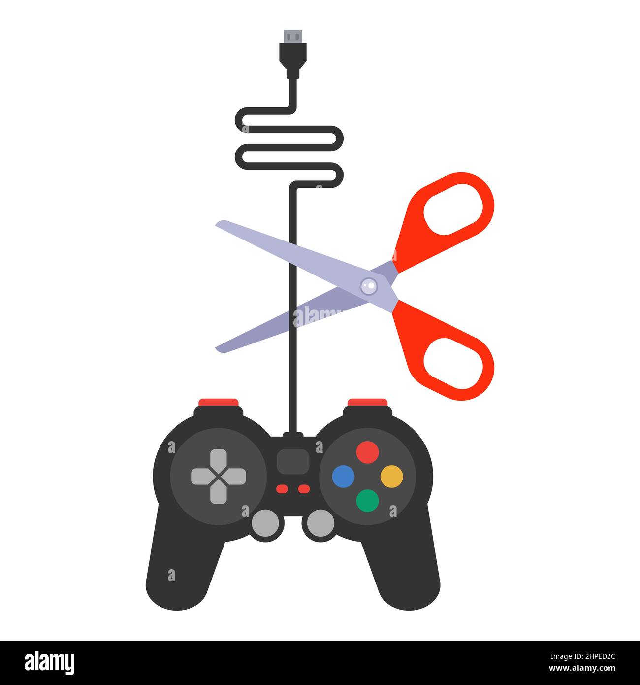 ruin the gamepad by cutting the wire with scissors. flat vector ...