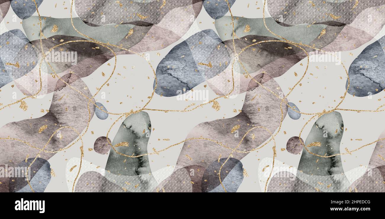 Seamless watercolor abstract organic blob shape overlay w gold lines ...