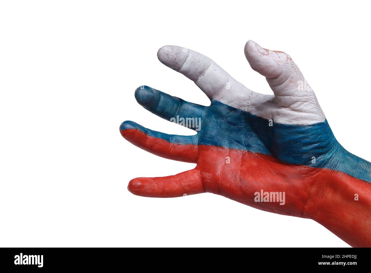 Man hand is painted in the colors Russian Federation on white ...