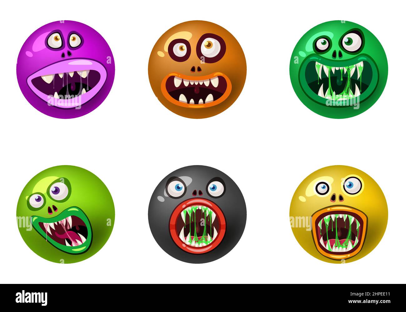 Set od Monster face cartoon round icons head Halloween characters ...