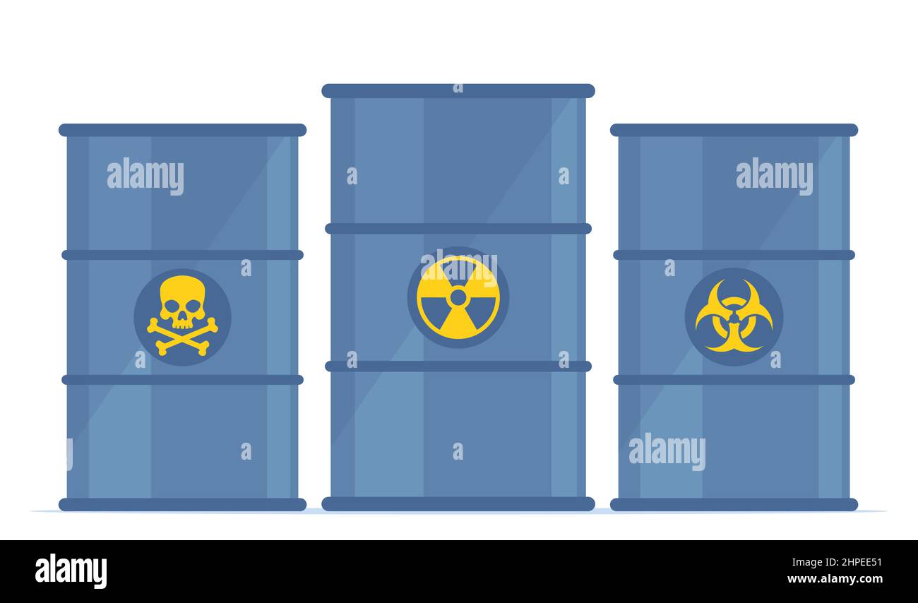 Barrels of Toxic, Biohazard and Radioactive waste. Metal barrels with ...