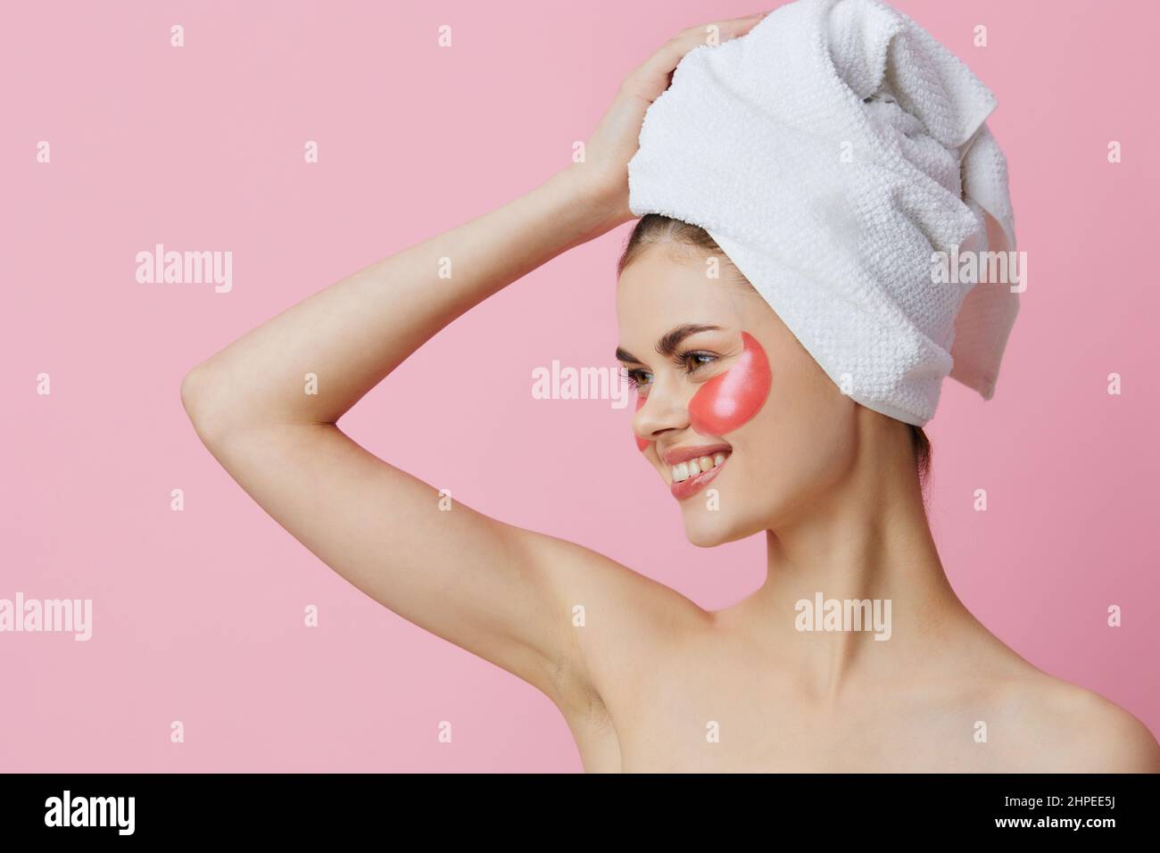 woman patches rejuvenation skin care fun pink background Stock Photo ...