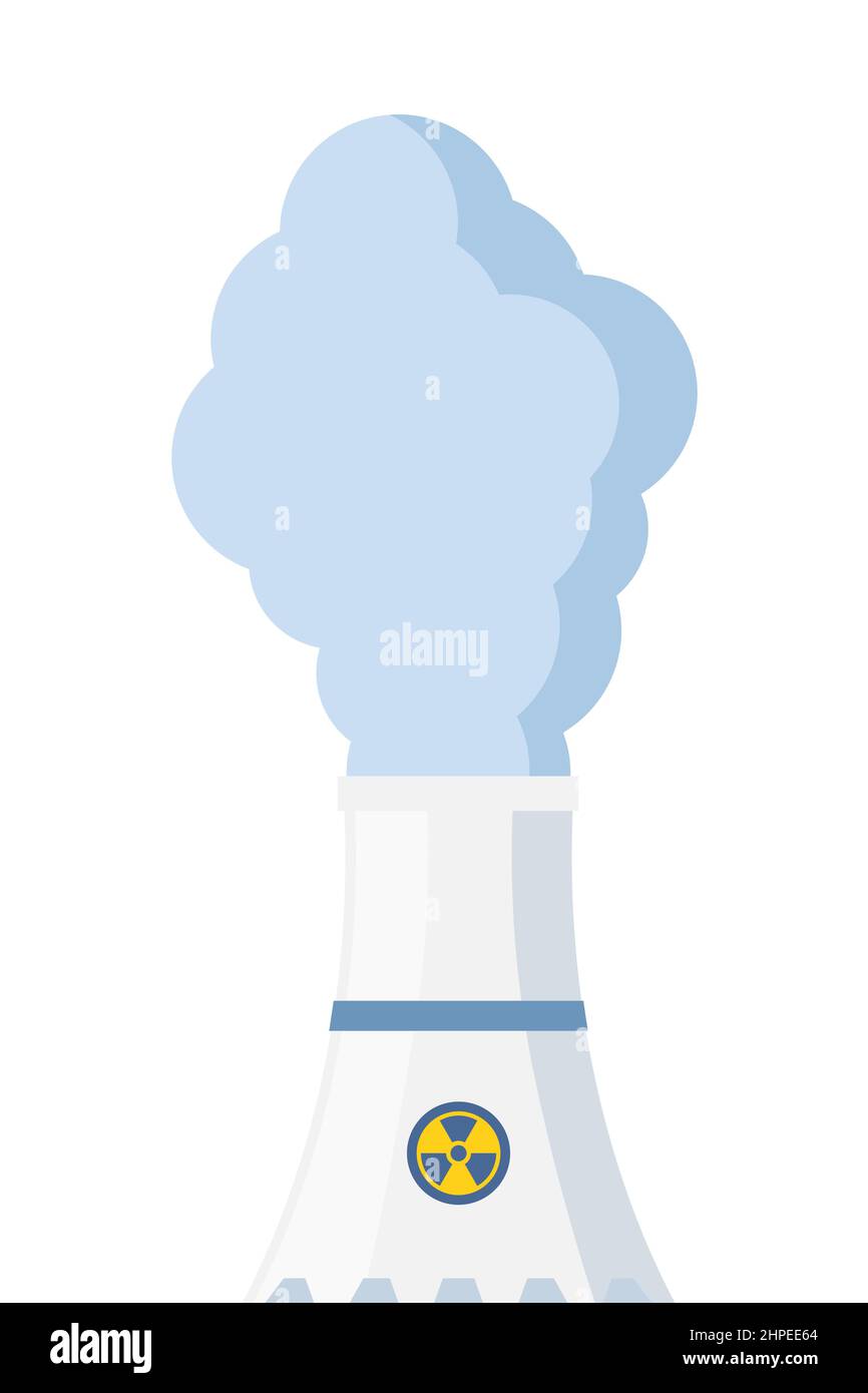 Nuclear power plant. Big pipe with smoke and radioactive hazard icon on it. Pollution of ...