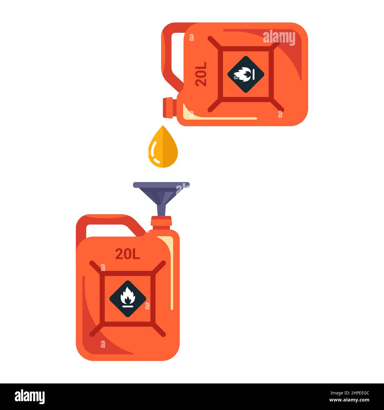 pour gasoline from one canister to another using a funnel. flat vector ...