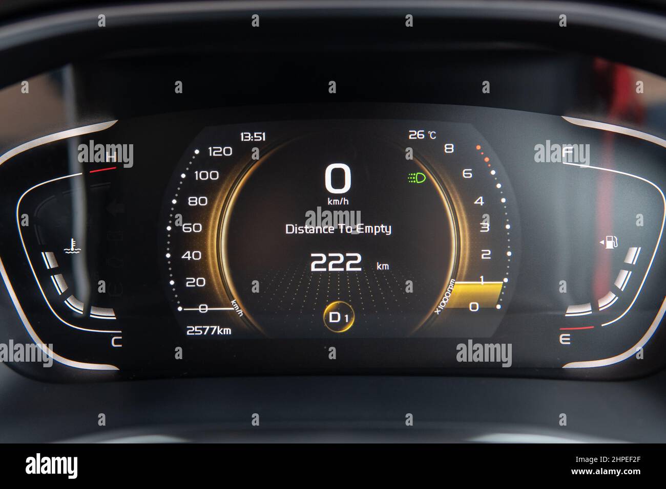 close up image of display illuminated meter of mordern car dashboard ...