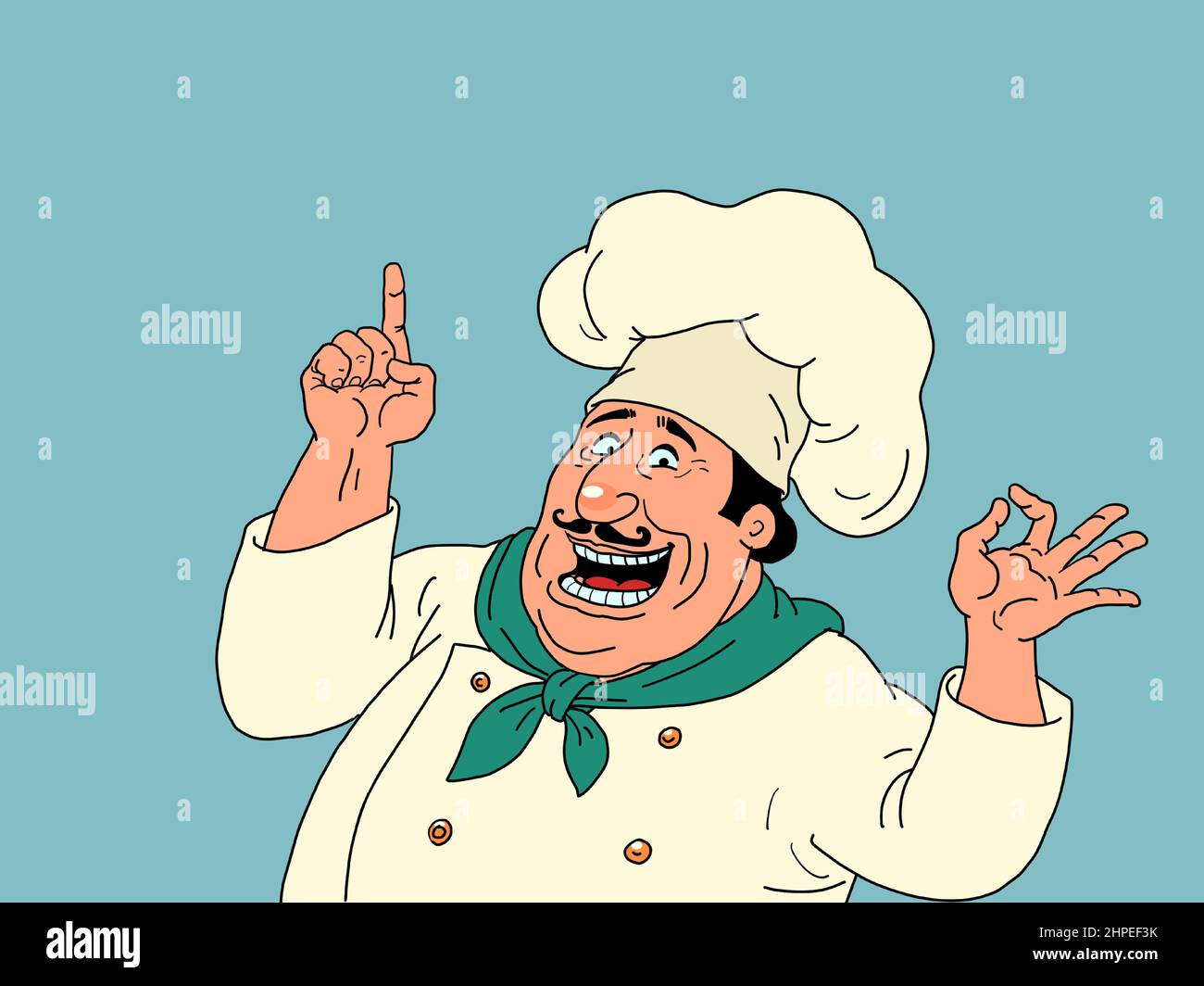 A joyful Italian male chef indicates a gesture, advertisement and ...