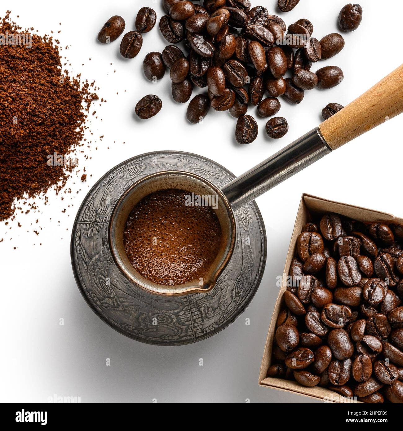Coffee beans and ground coffee top view on a white background Stock ...