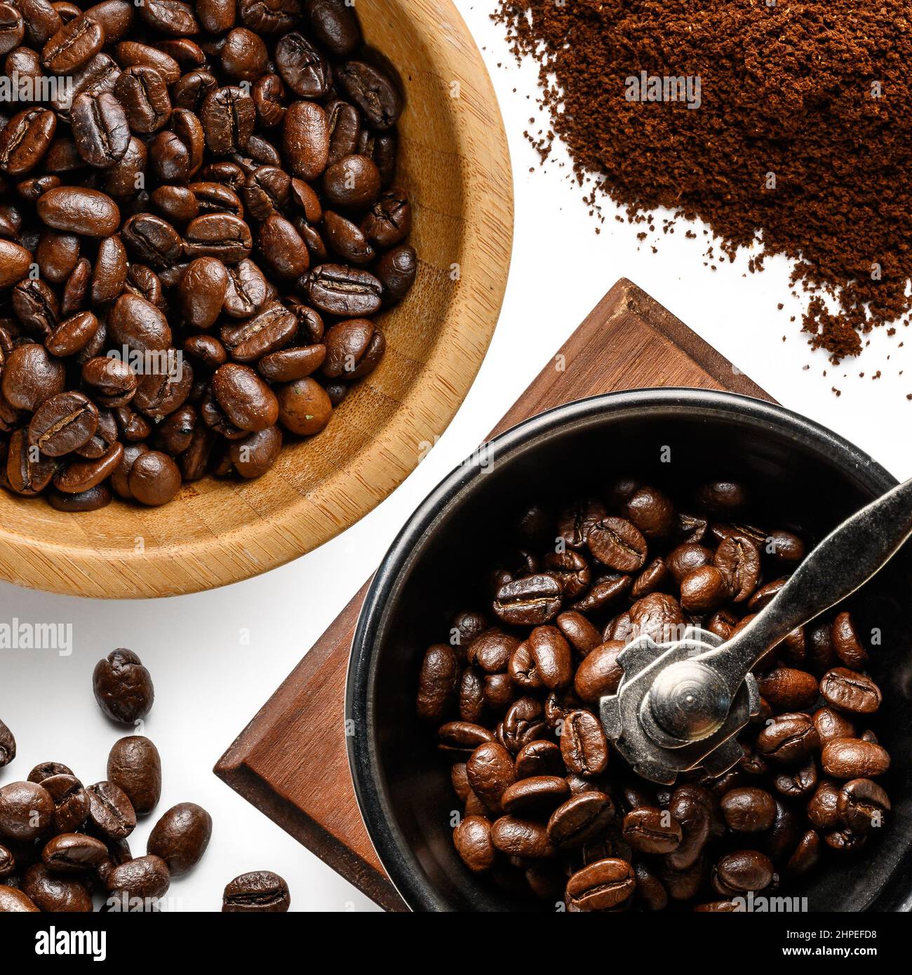 Coffee beans and ground coffee top view on a white background Stock ...
