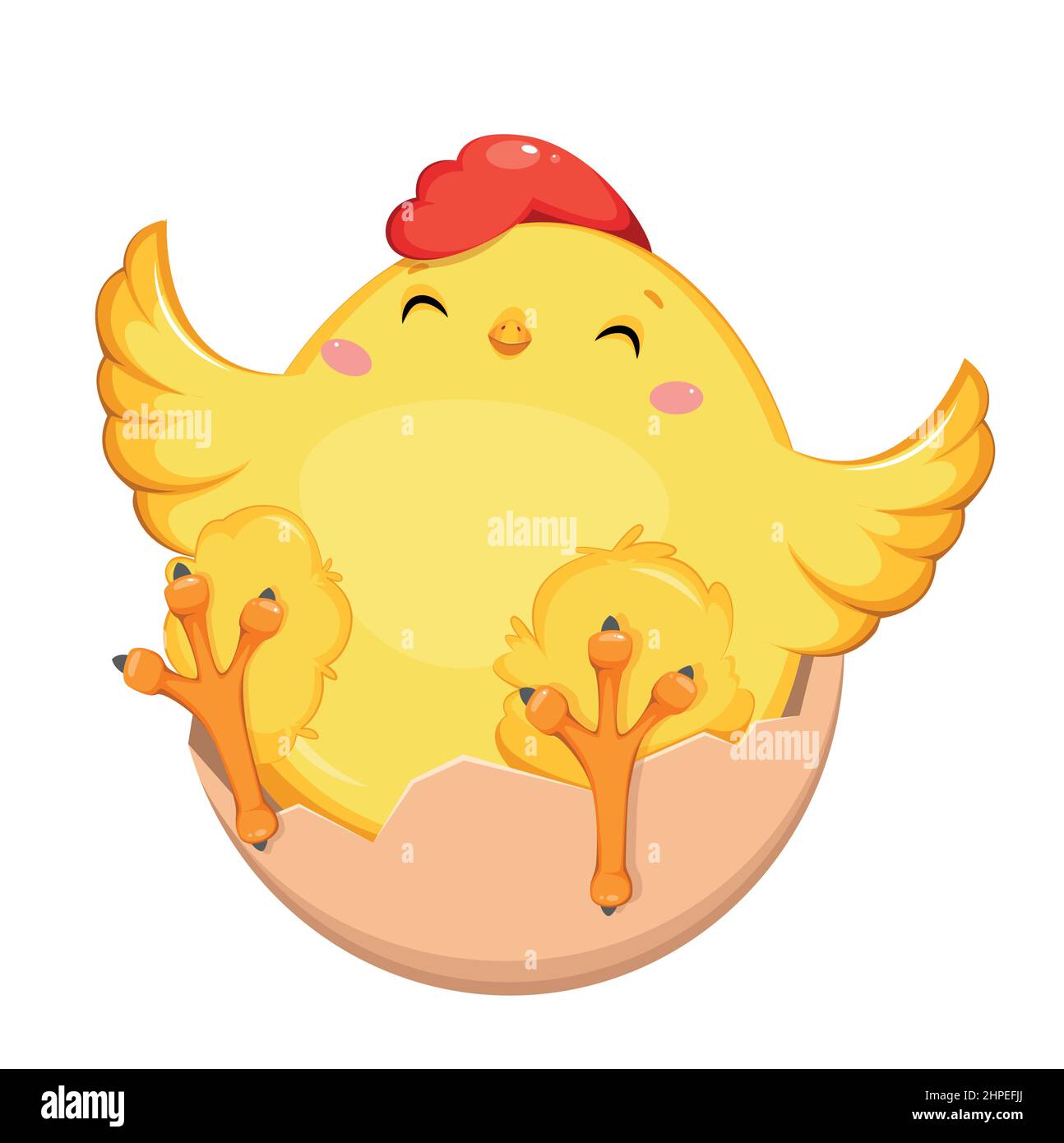 Cute little chick sitting in egg shell. Happy Easter. Funny baby ...