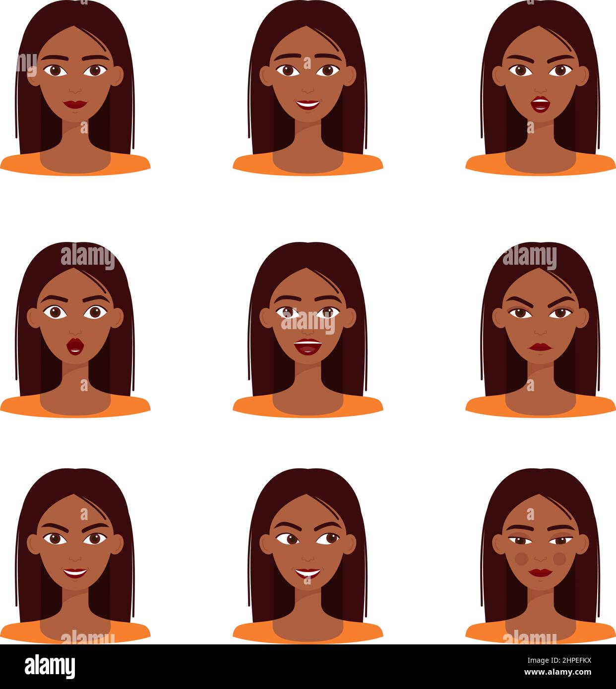 Set of emotions of beautiful dark skinned girl with dark hair. Set of ...