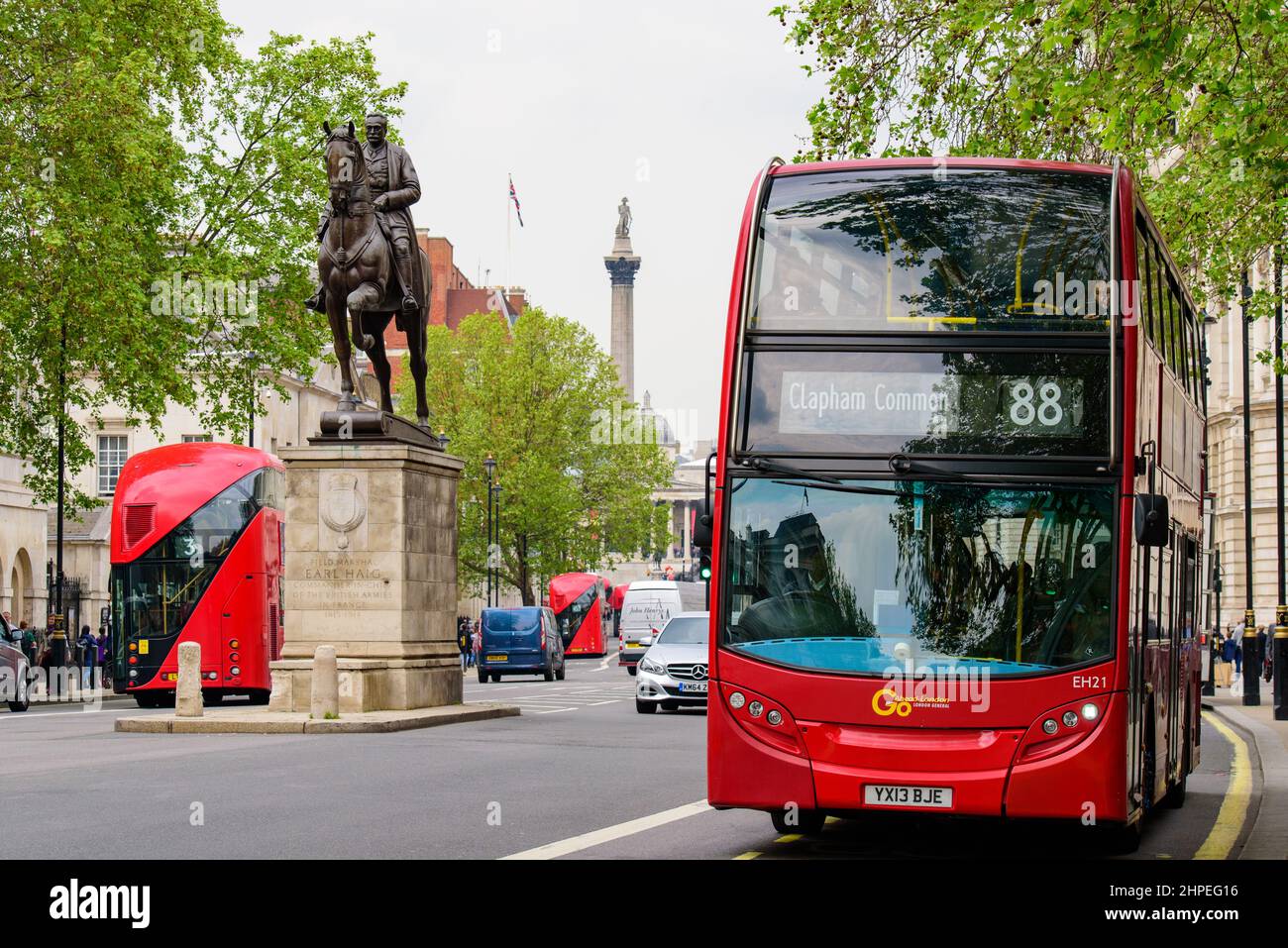 Double-decker buses on the road in London, United Kingdom Stock Photo ...